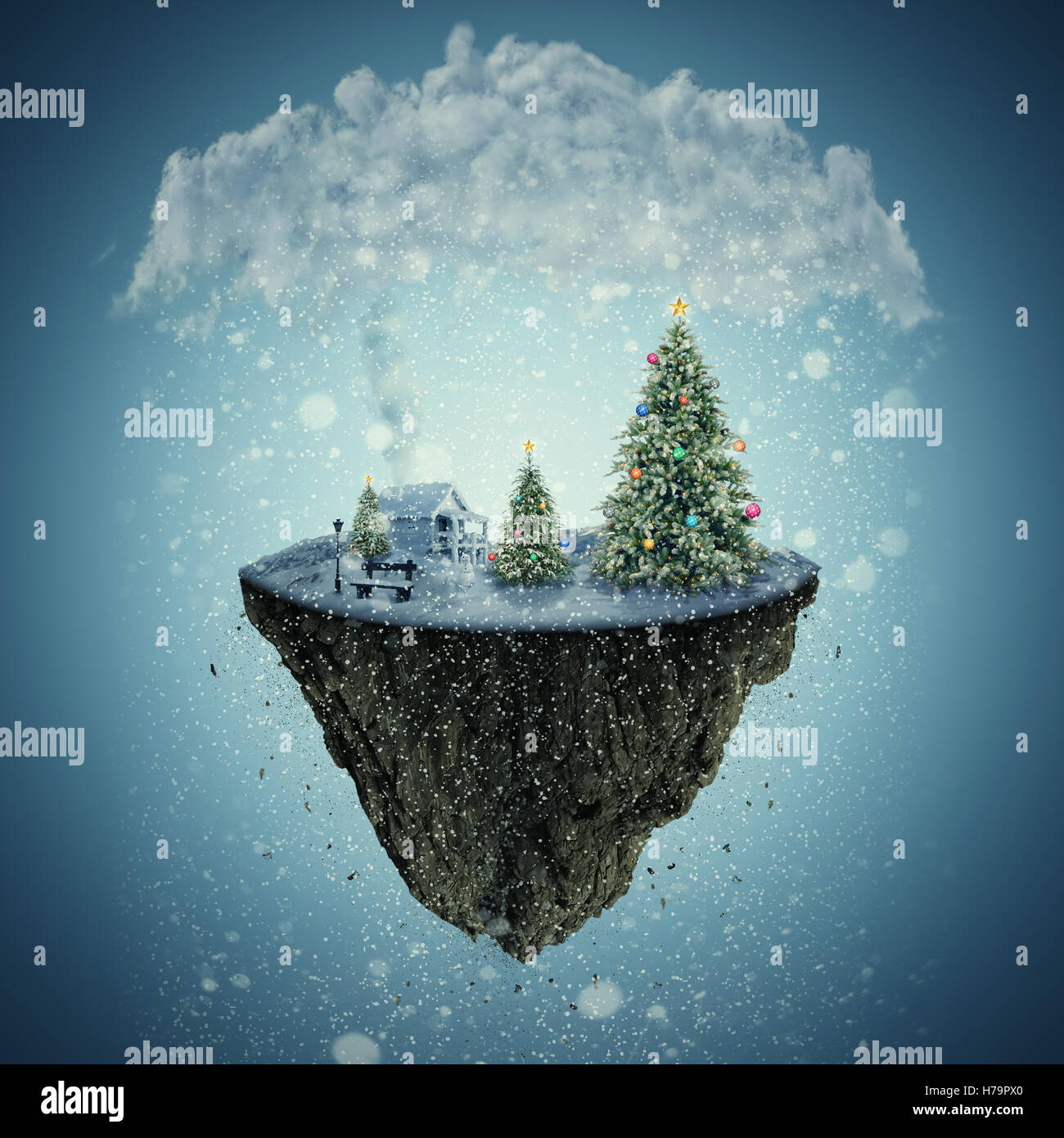 Winter holidays illustration of a isolated dreamland, as a flying ...