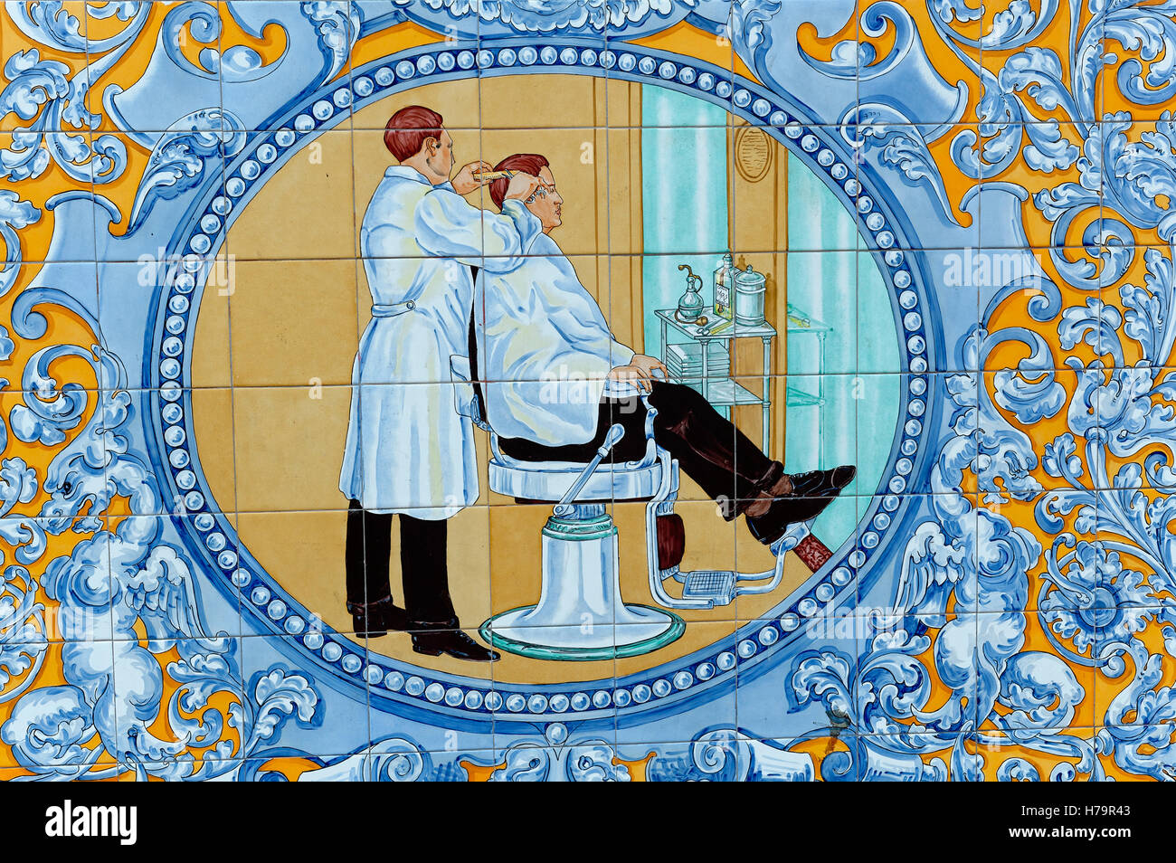 Barber in barbershop tiled mural mosaic on the streets of Madrid, Spain ...