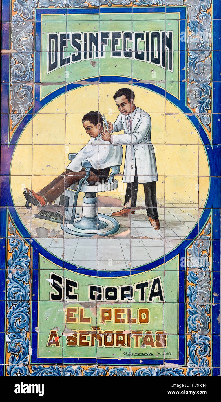 Barber in barbershop tiled mural mosaic on the streets of Madrid, Spain ...