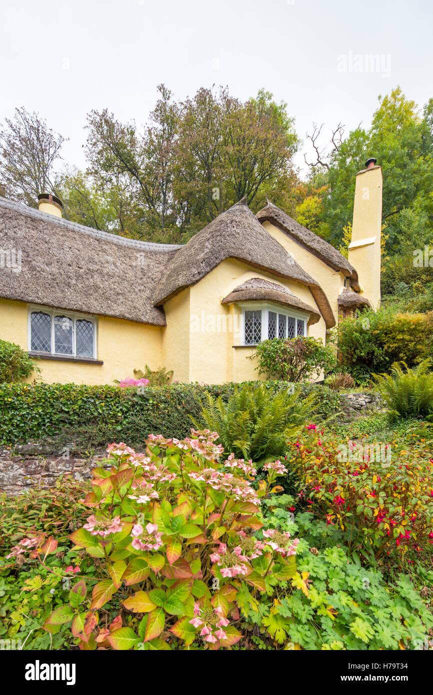 Thatched cottages in the Exmoor village of Selworthy, Somerset, England ...