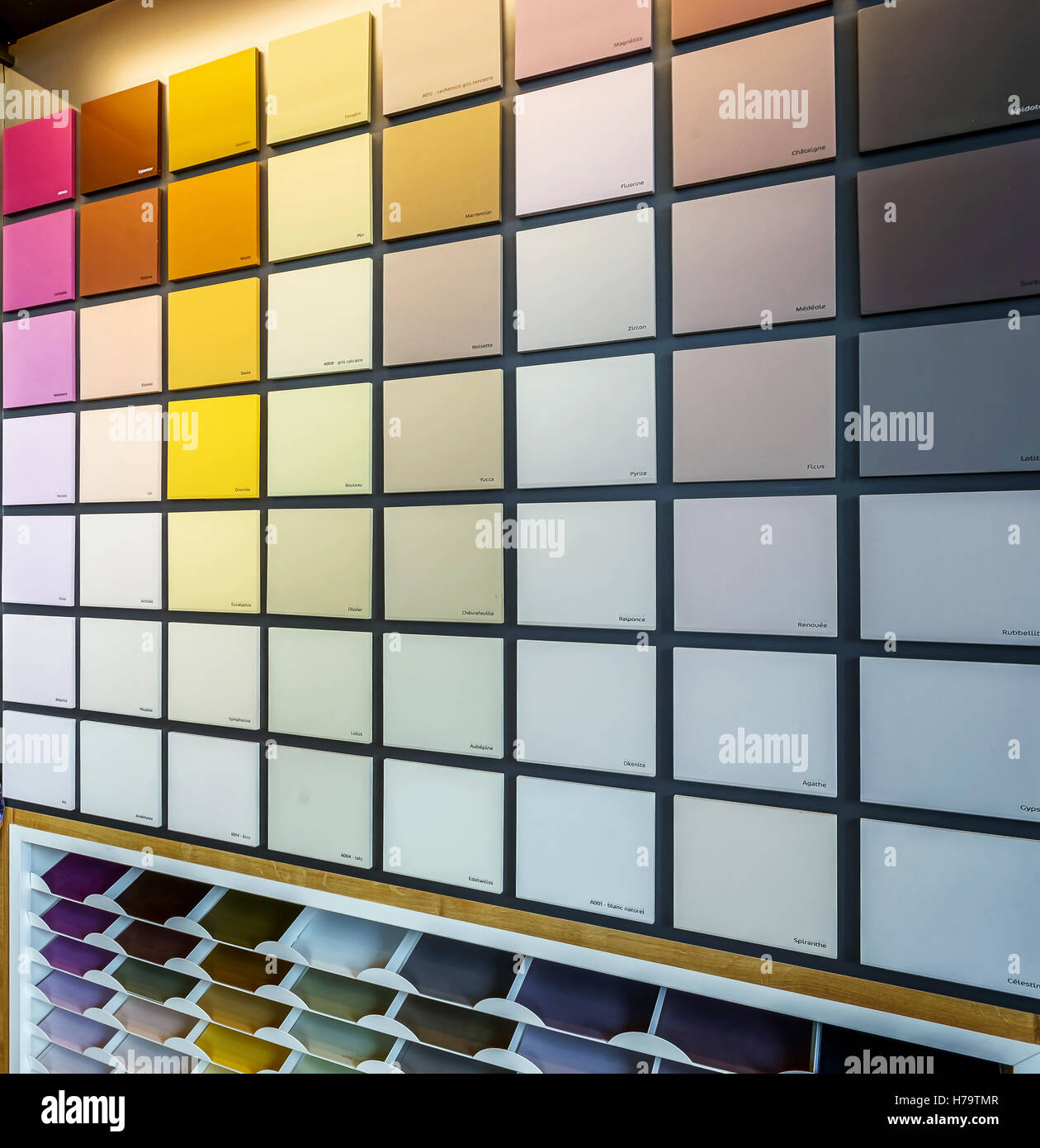 Beautiful wall with color samples in painting shop, constructing ...