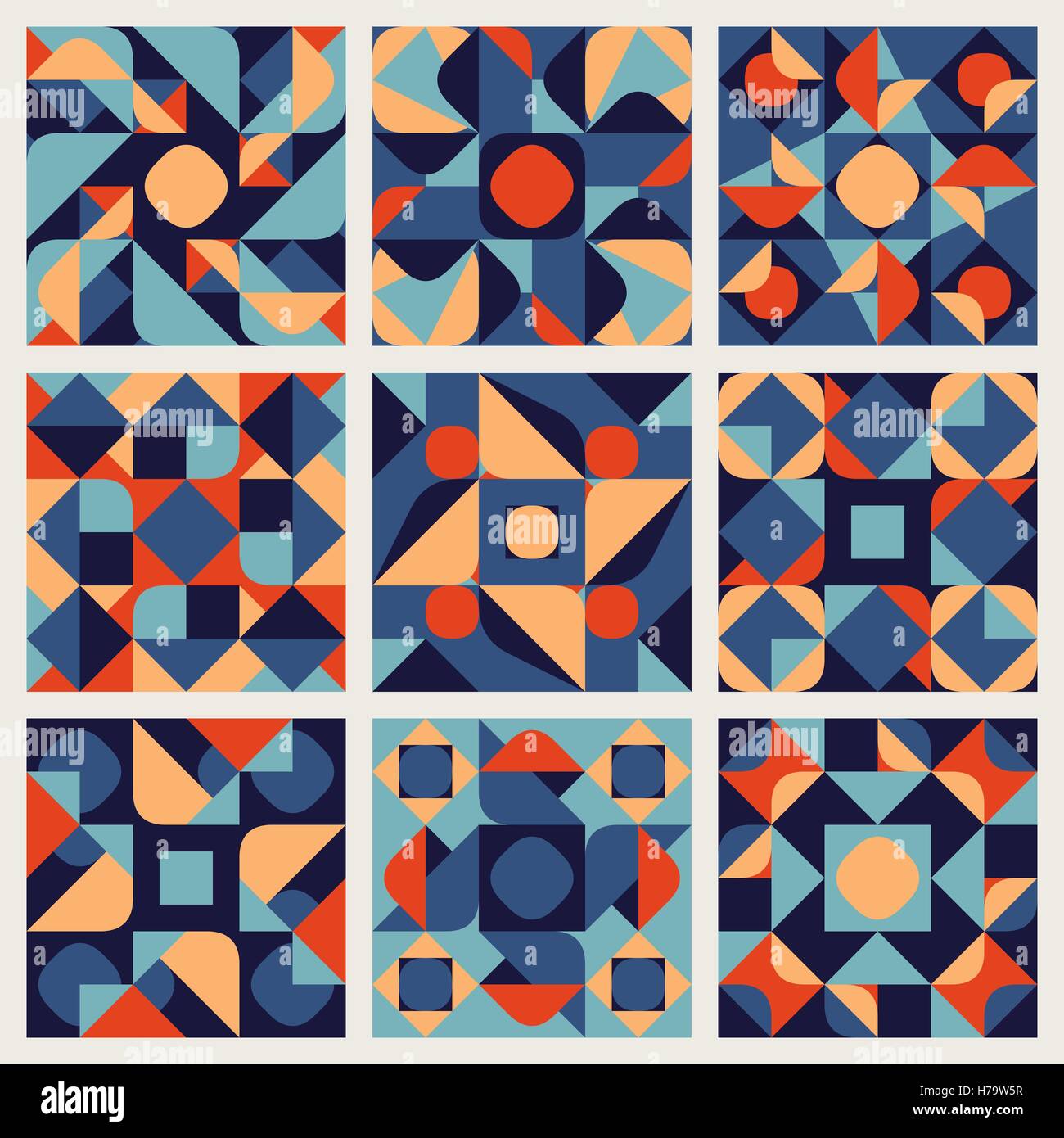 Set of Nine Vector Seamless Blue Orange White Color Retro Geometric ...