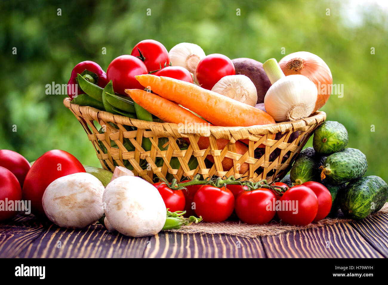 Fresh vegetables on a brown background on an old wooden table Stock ...