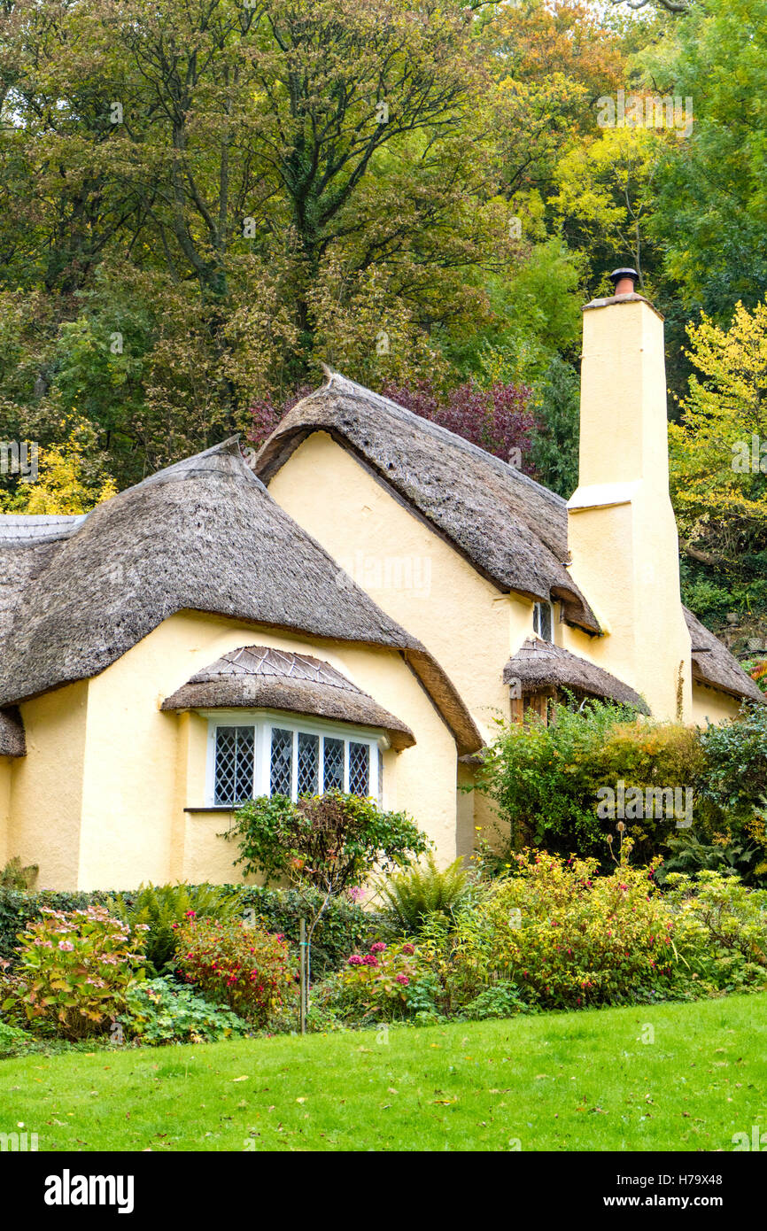 Thatched cottages in the Exmoor village of Selworthy, Somerset, England ...