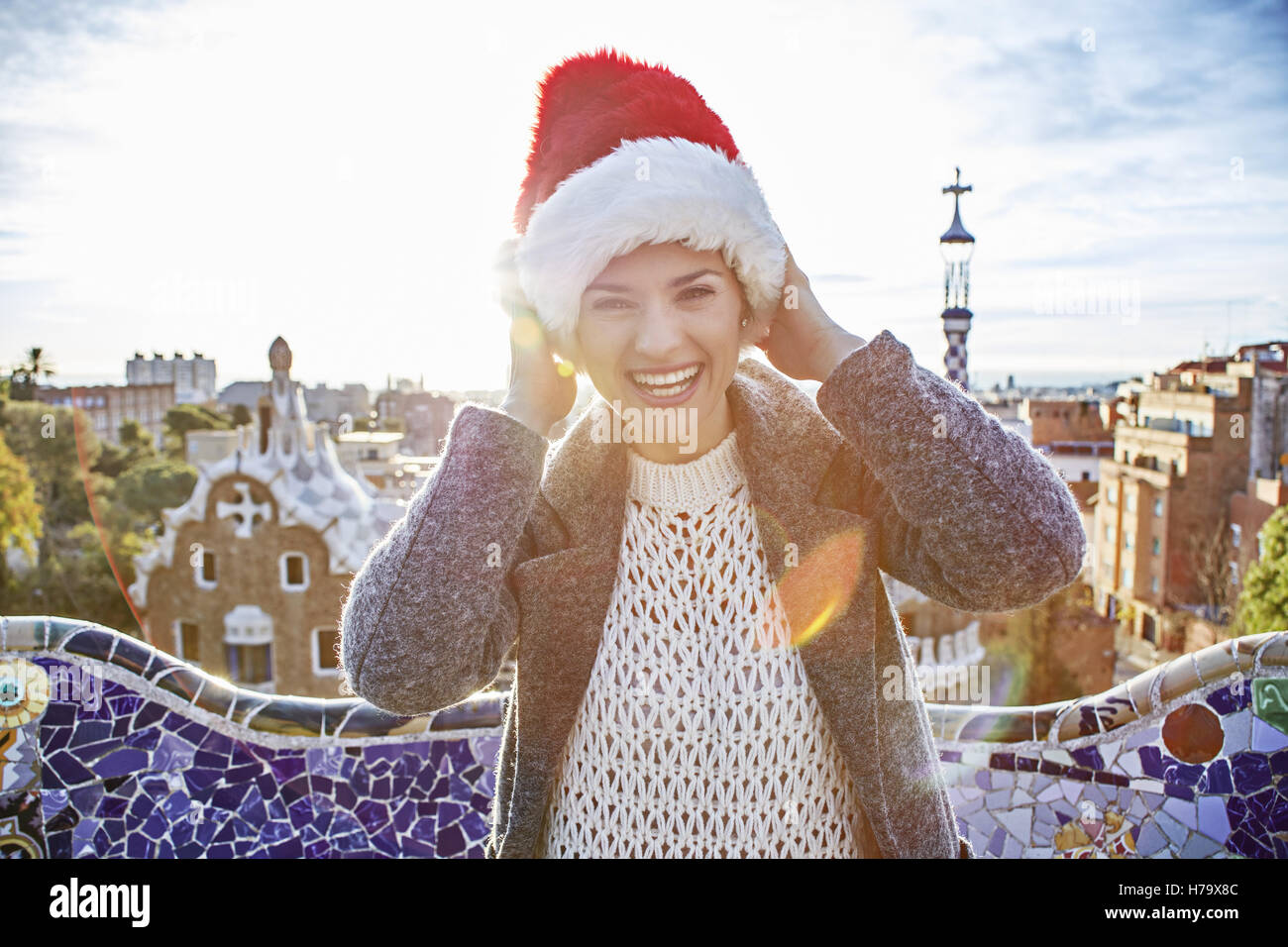 Winter wonderland in Barcelona at Christmas. Portrait of cheerful ...