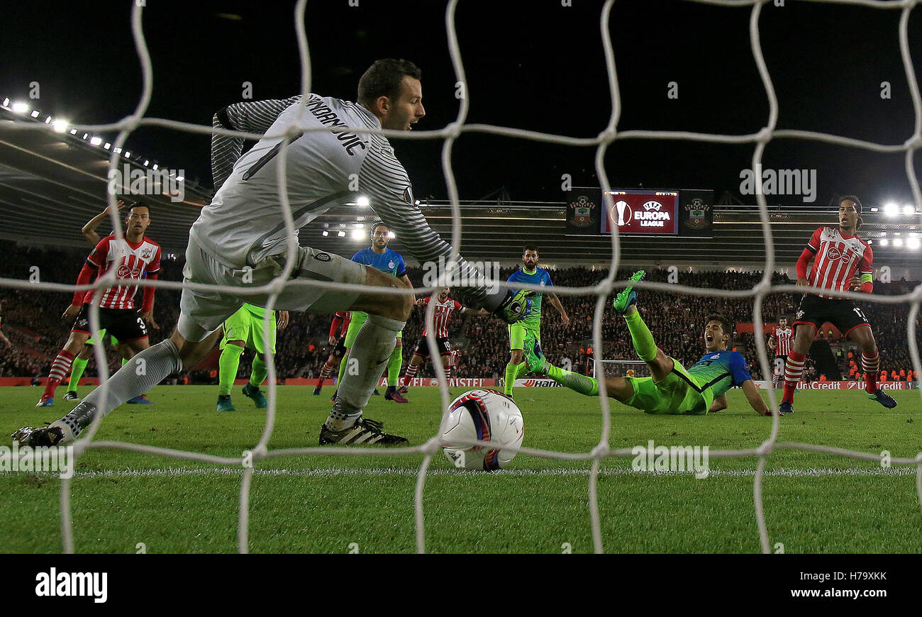 Southampton's Virgil van Dijk (right) scores his side's first goal of ...