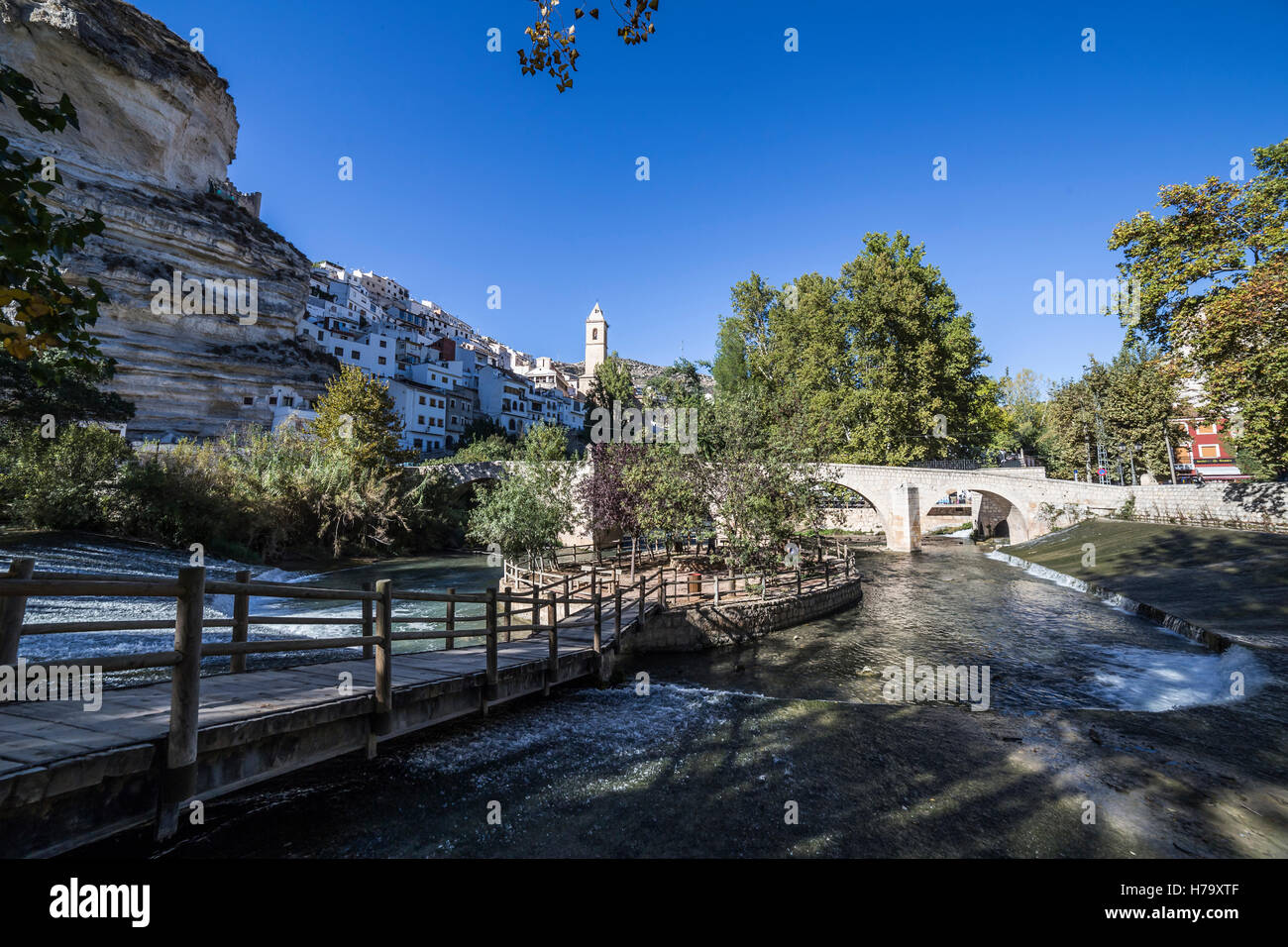 Recreation area on the River Jucar, beautiful mountain views limestone ...
