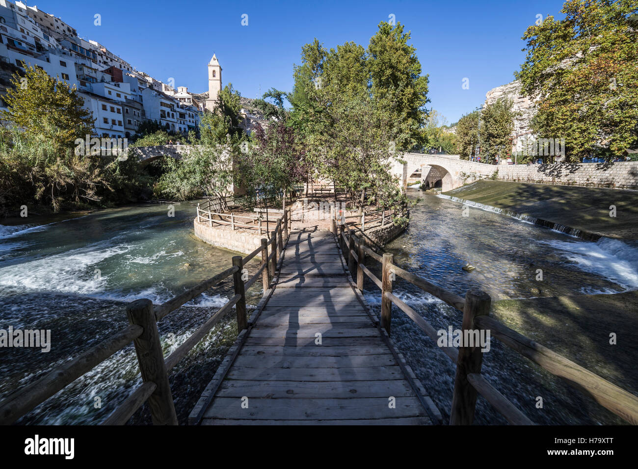 Recreation area on the River Jucar, beautiful mountain views limestone ...