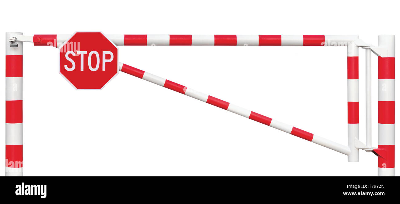Gated Road Barrier Closeup, Octagonal Stop Sign, Roadway Gate Bar In ...