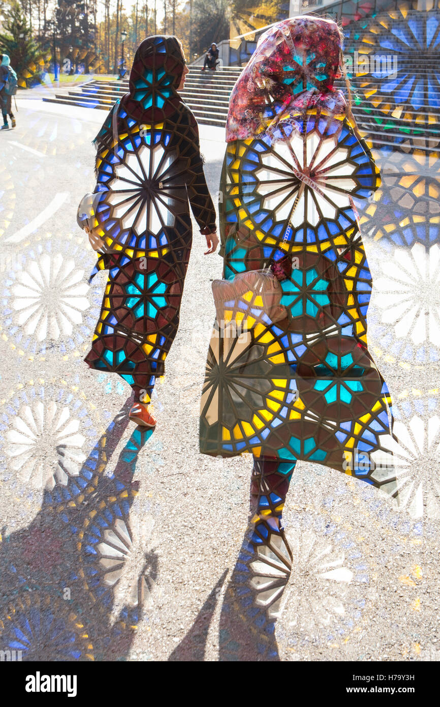 double exposure of two women with pattern on coat Stock Photo - Alamy