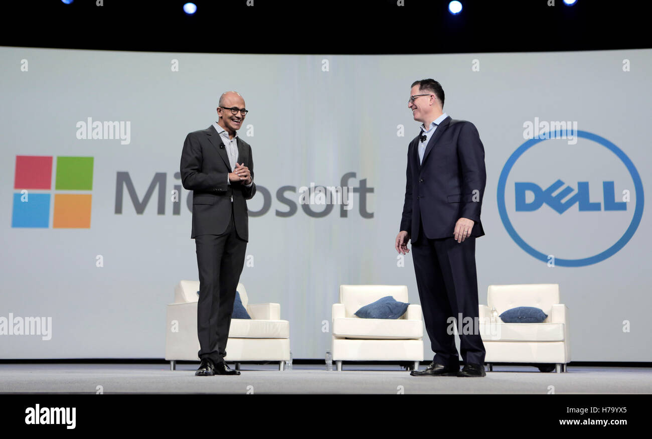 Satya Nadella, CEO of Microsoft, left, and Michael Dell, Dell Inc ...