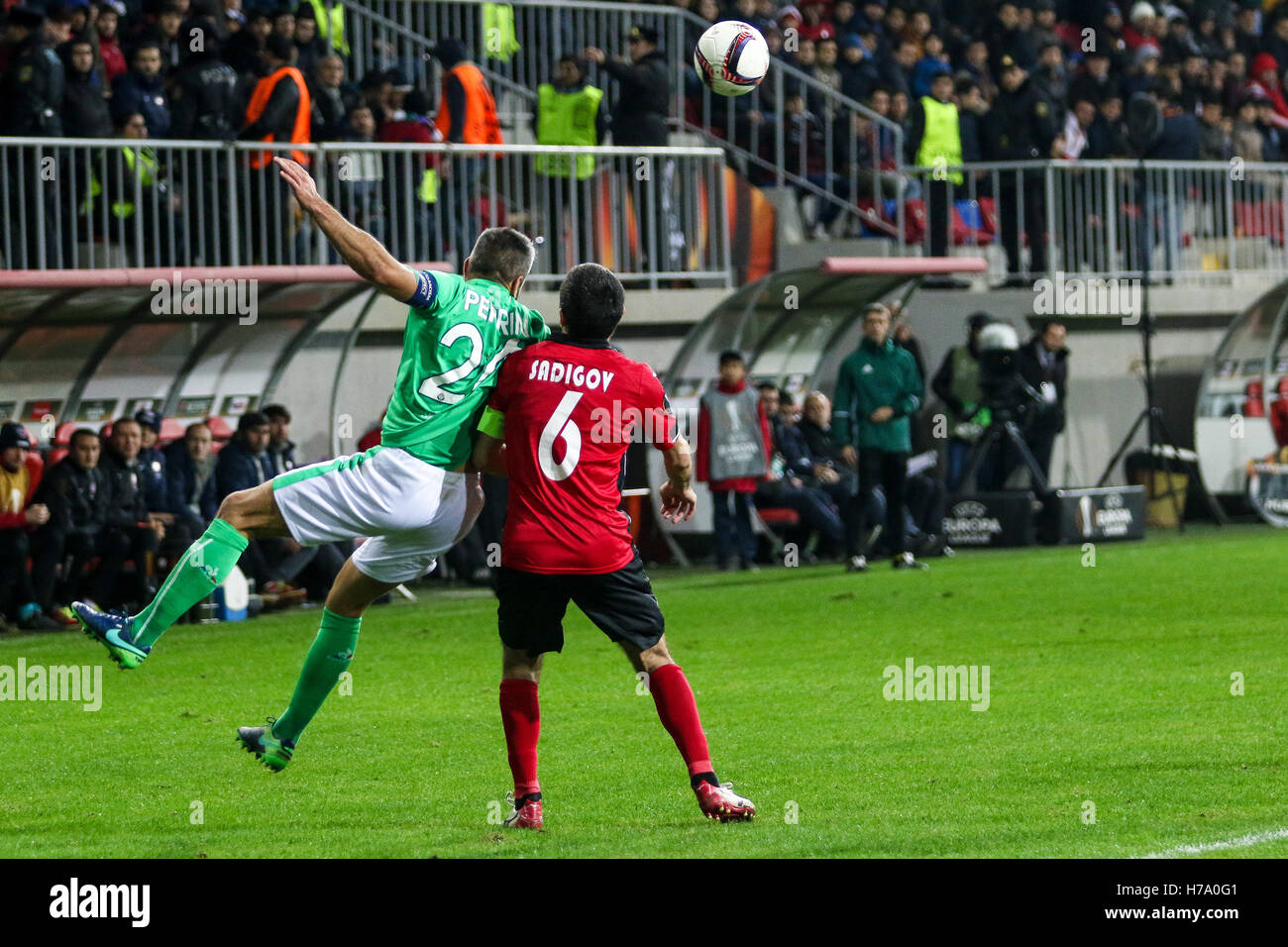 Baku, Azerbaijan. 03rd Nov, 2016. Gabala FK Rashad A. Sadygov (R) vies ...