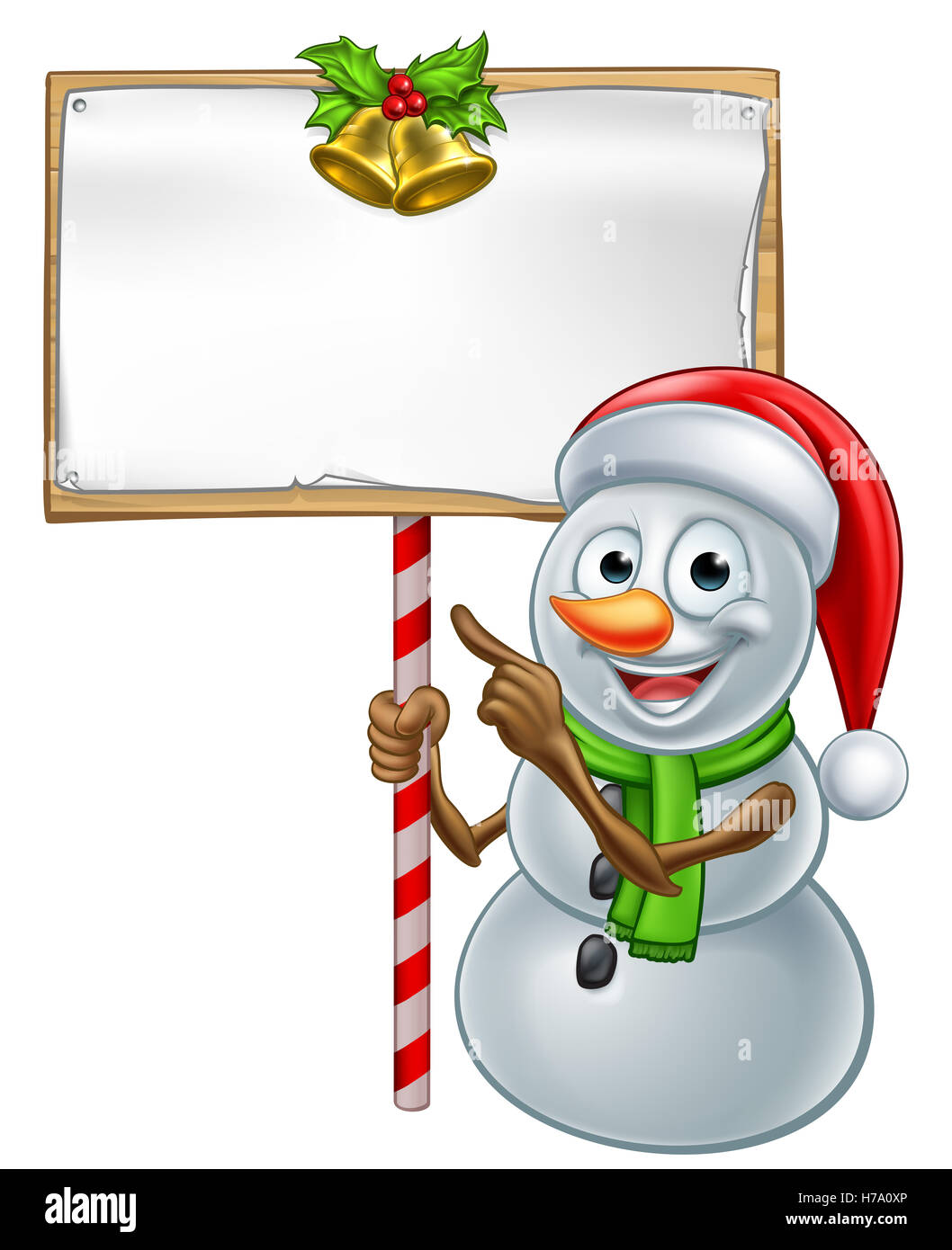 Christmas snowman cartoon character in Santa hat holding a wooden ...