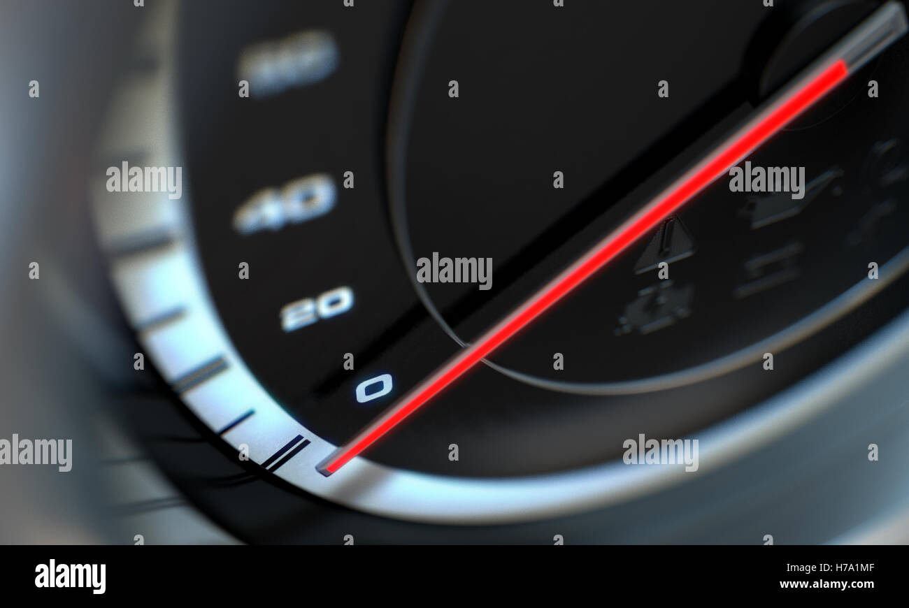A 3D render of a regular speedometer with a red needle and warning ...