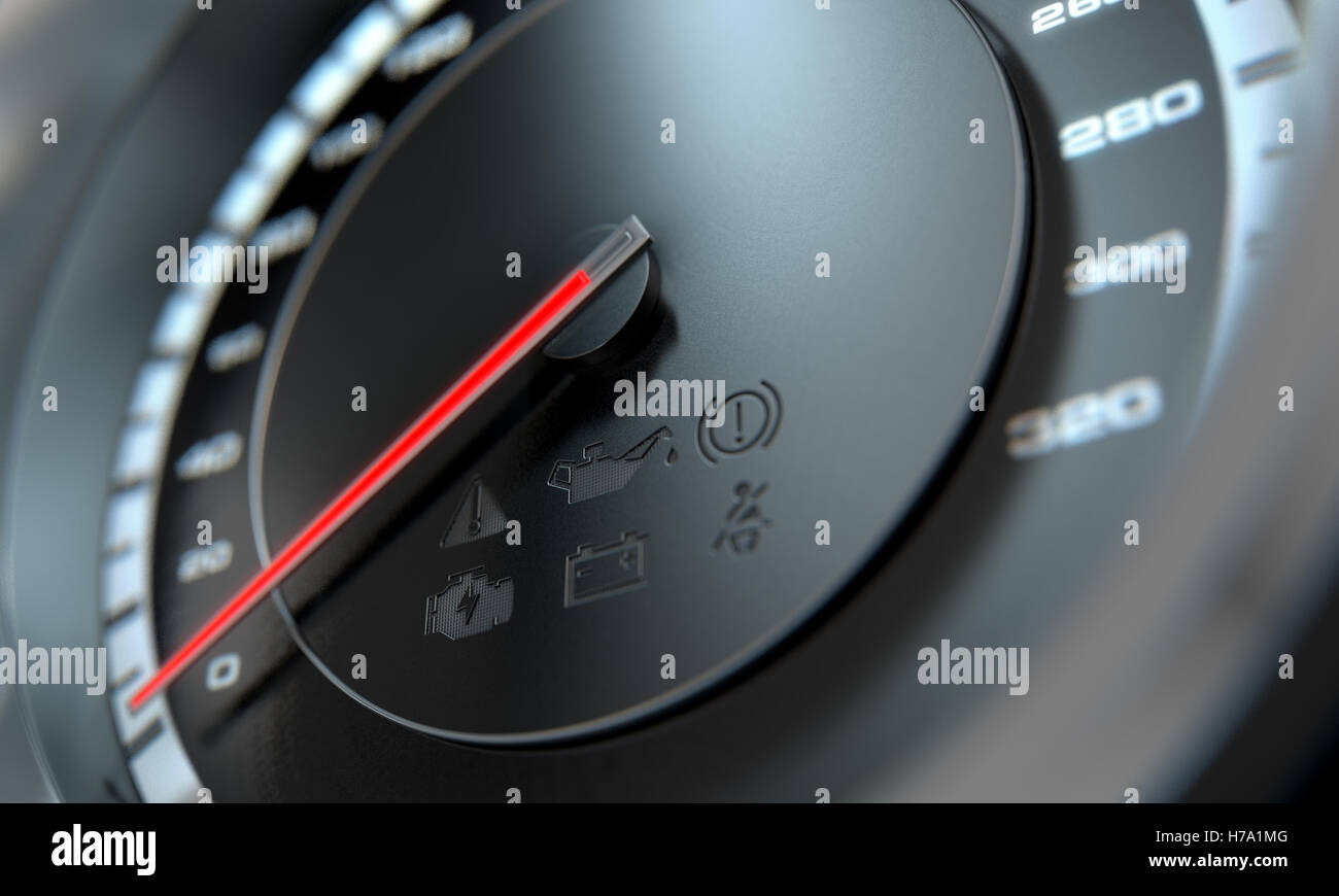A 3D render of a regular speedometer with a red needle and warning ...