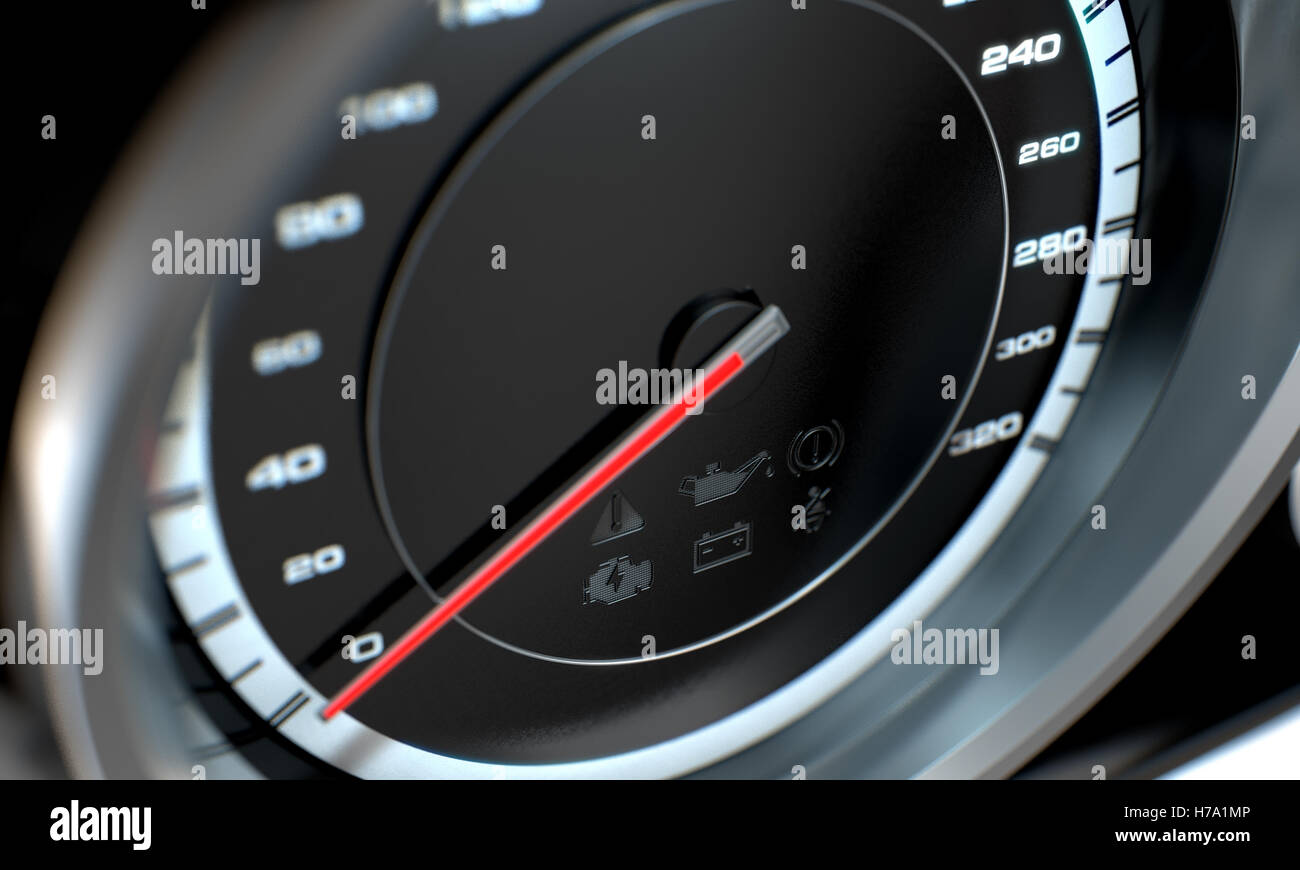 A 3D render of a regular speedometer with a red needle and warning ...