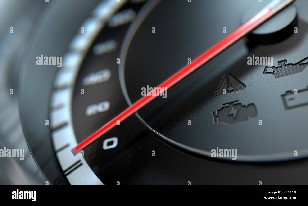 A 3D render of a regular speedometer with a red needle and warning ...