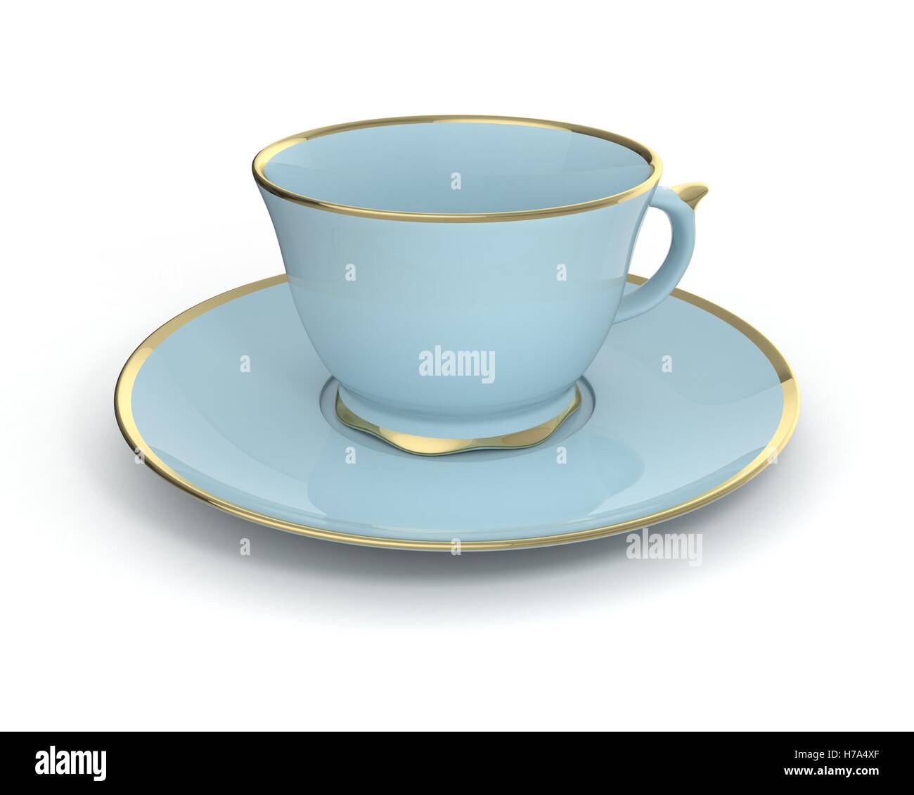 Isolated antique porcelain light blue tea cup on saucer with gold ...