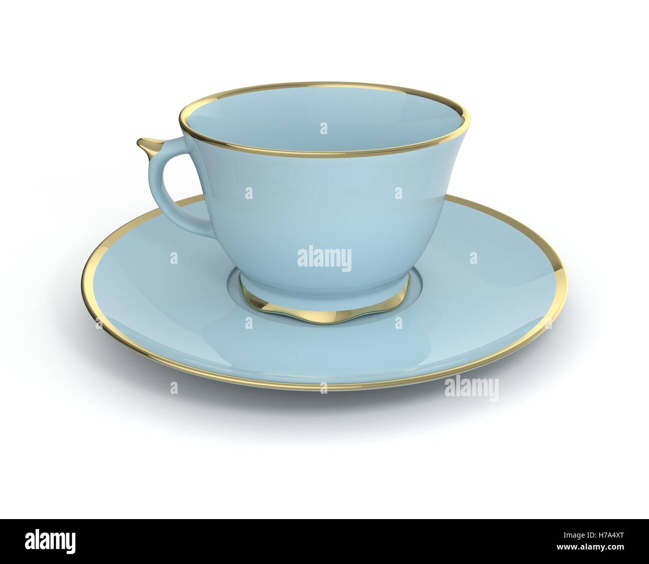 Isolated antique porcelain light blue tea cup on saucer with gold ...
