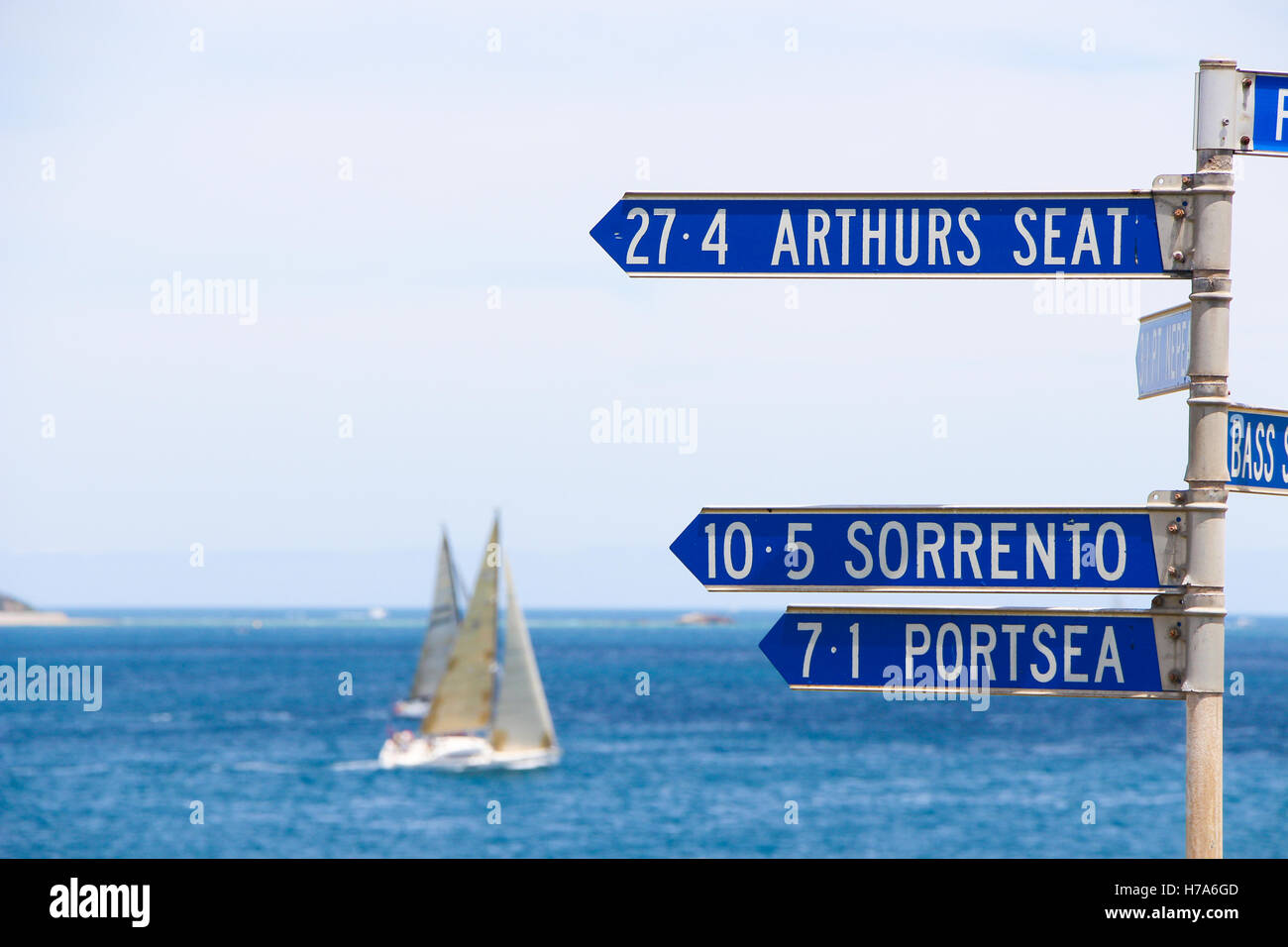 Directional signpost at St. Leonard's Beach, Victoria, Australia on ...