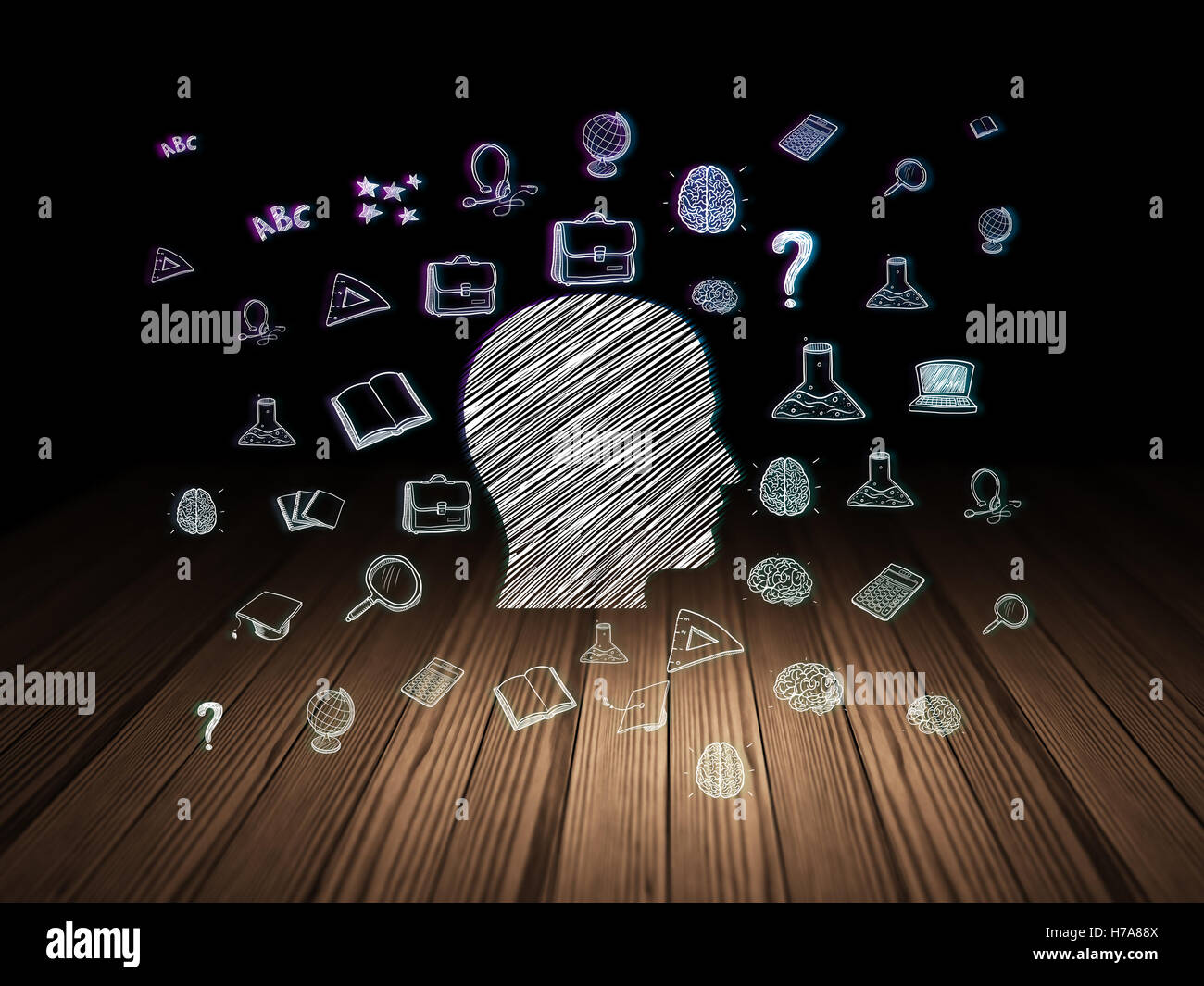 Learning concept: Head in grunge dark room Stock Photo - Alamy