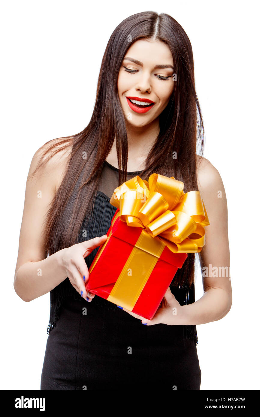 Attractive woman with gift box Stock Photo - Alamy