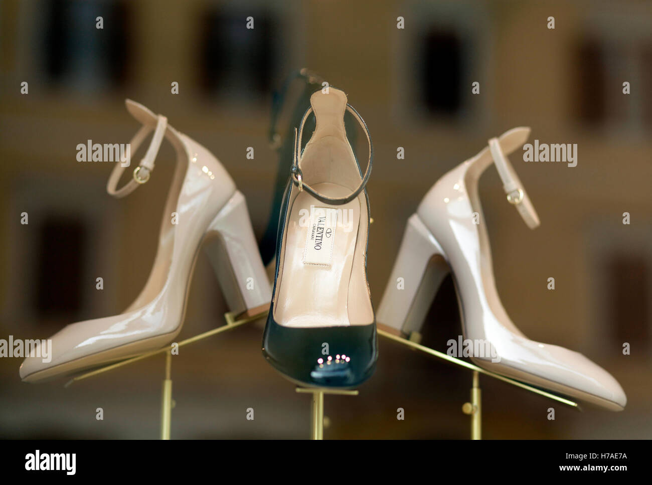 The shop window of Valentino store shows of the high heels shoes Stock ...