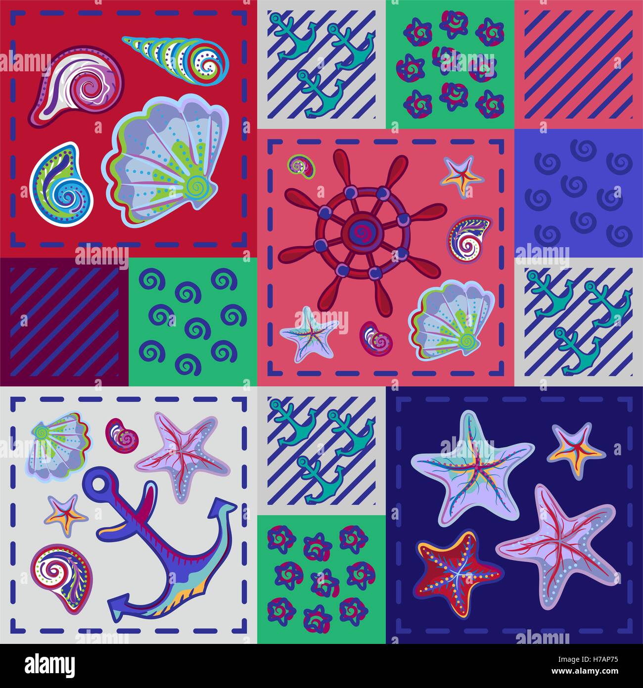 Seamless marine pattern in patchwork style with shells starfish wheel ...
