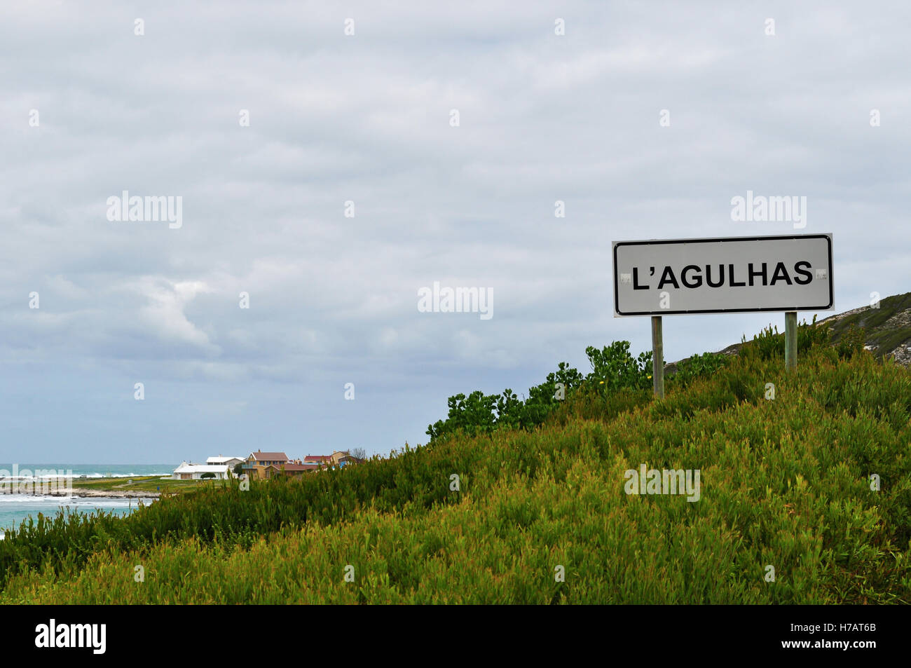 South Africa, on the road: the sign of L'Agulhas, a coastal village in ...