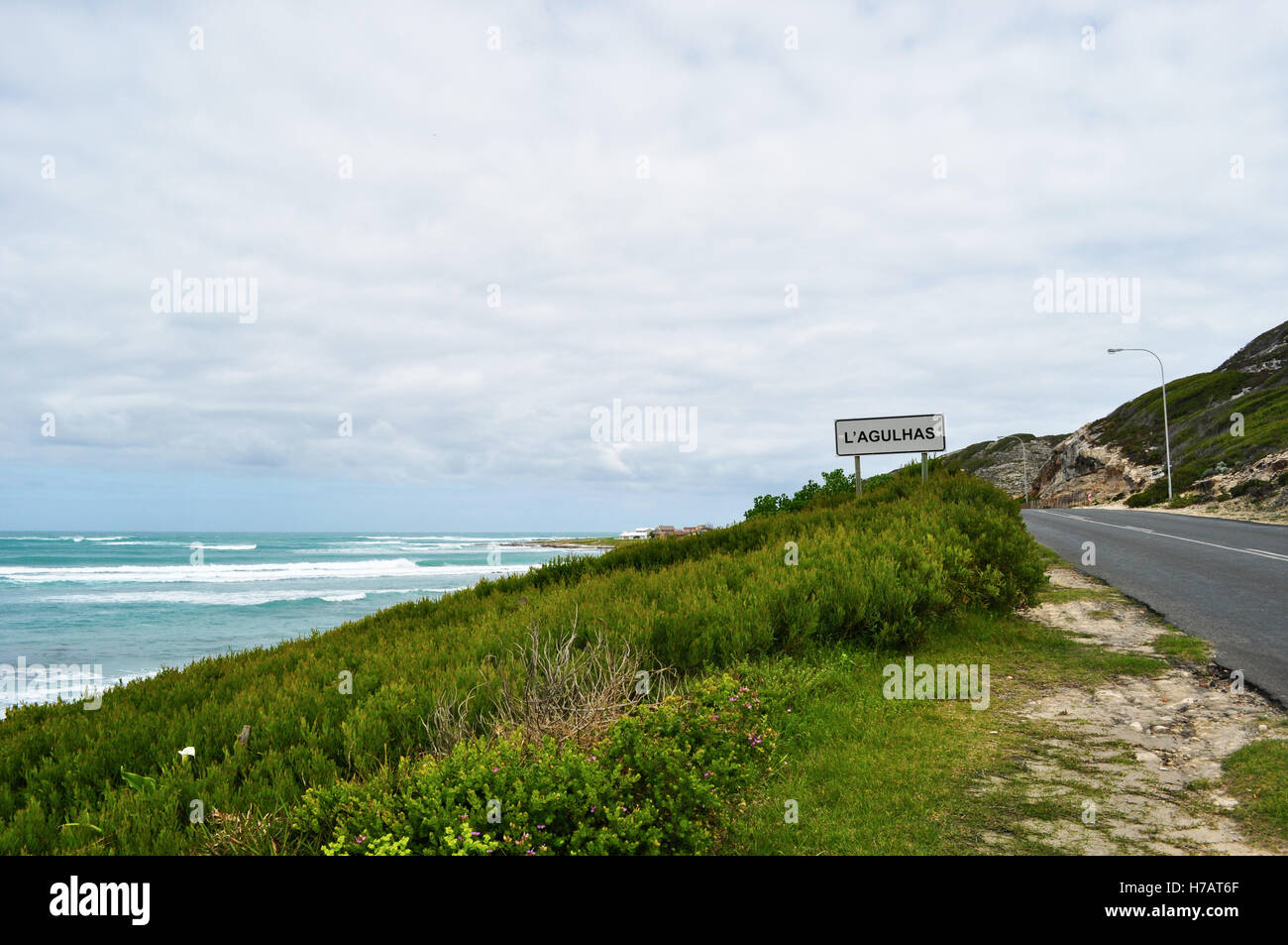 South Africa, on the road: the sign of L'Agulhas, a coastal village in ...