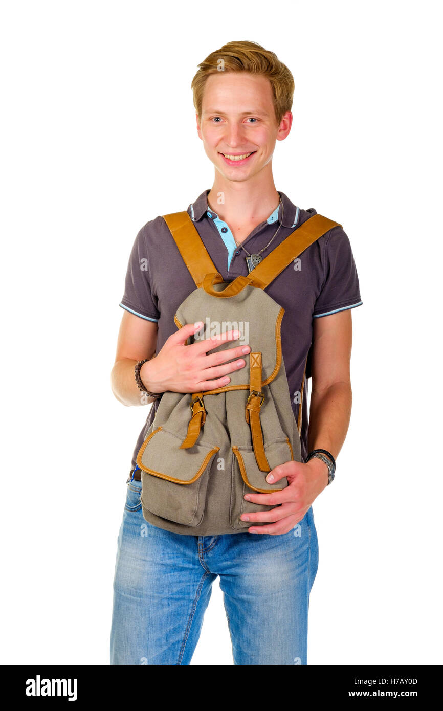 Young boy holding a backpack in the front Stock Photo - Alamy