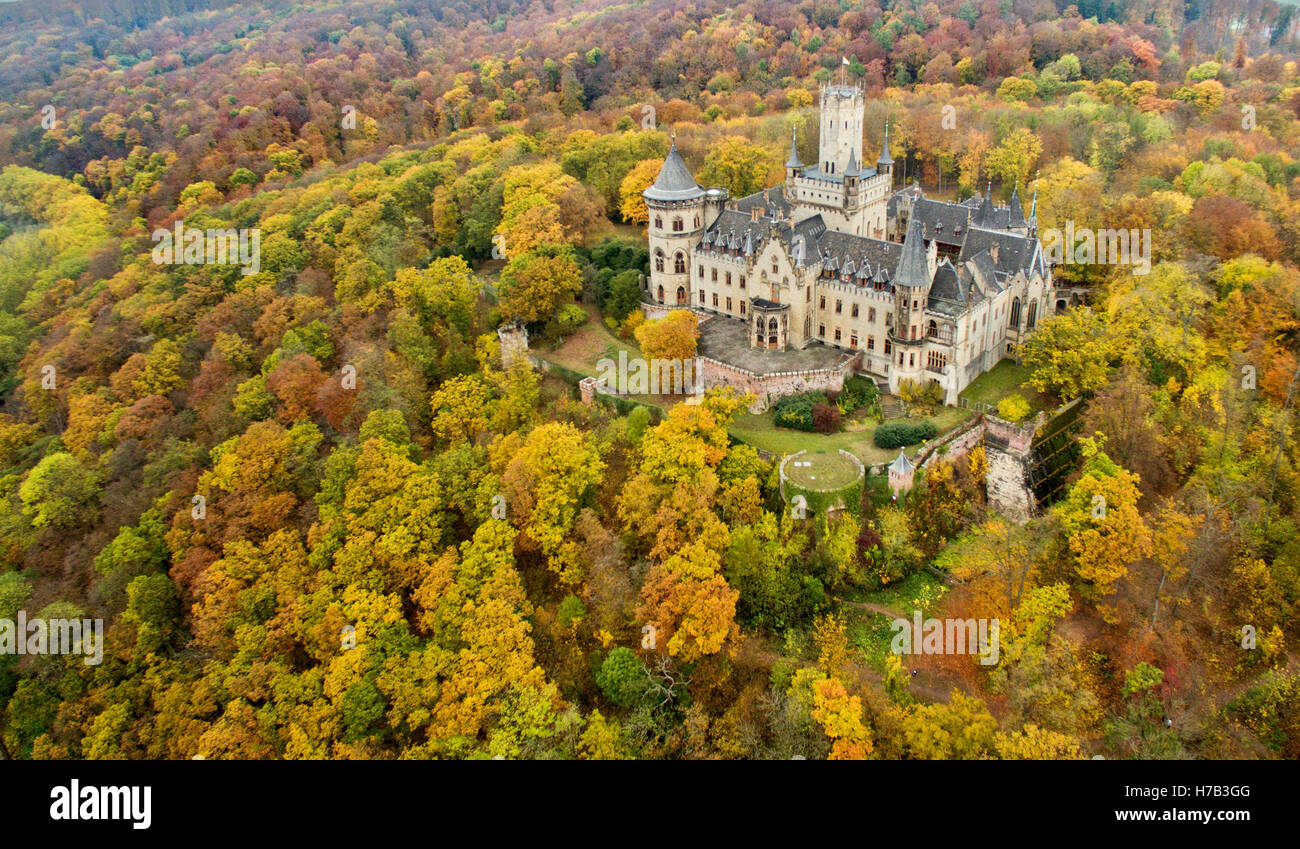 An aerial photo with a drone shows Marienburg Castle in a autumnal ...