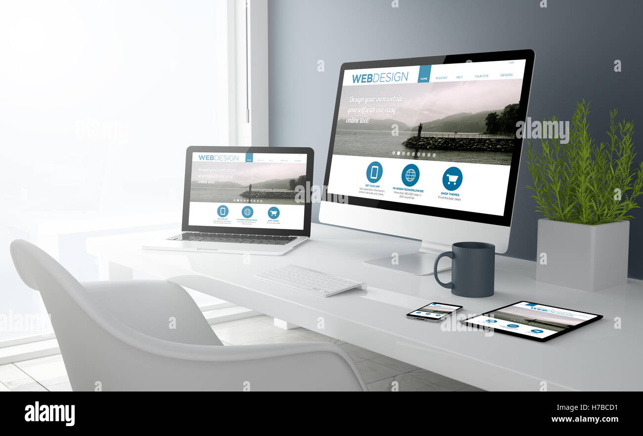 3d rendering of desktop with all devices showing web design. All screen graphics are made up ...