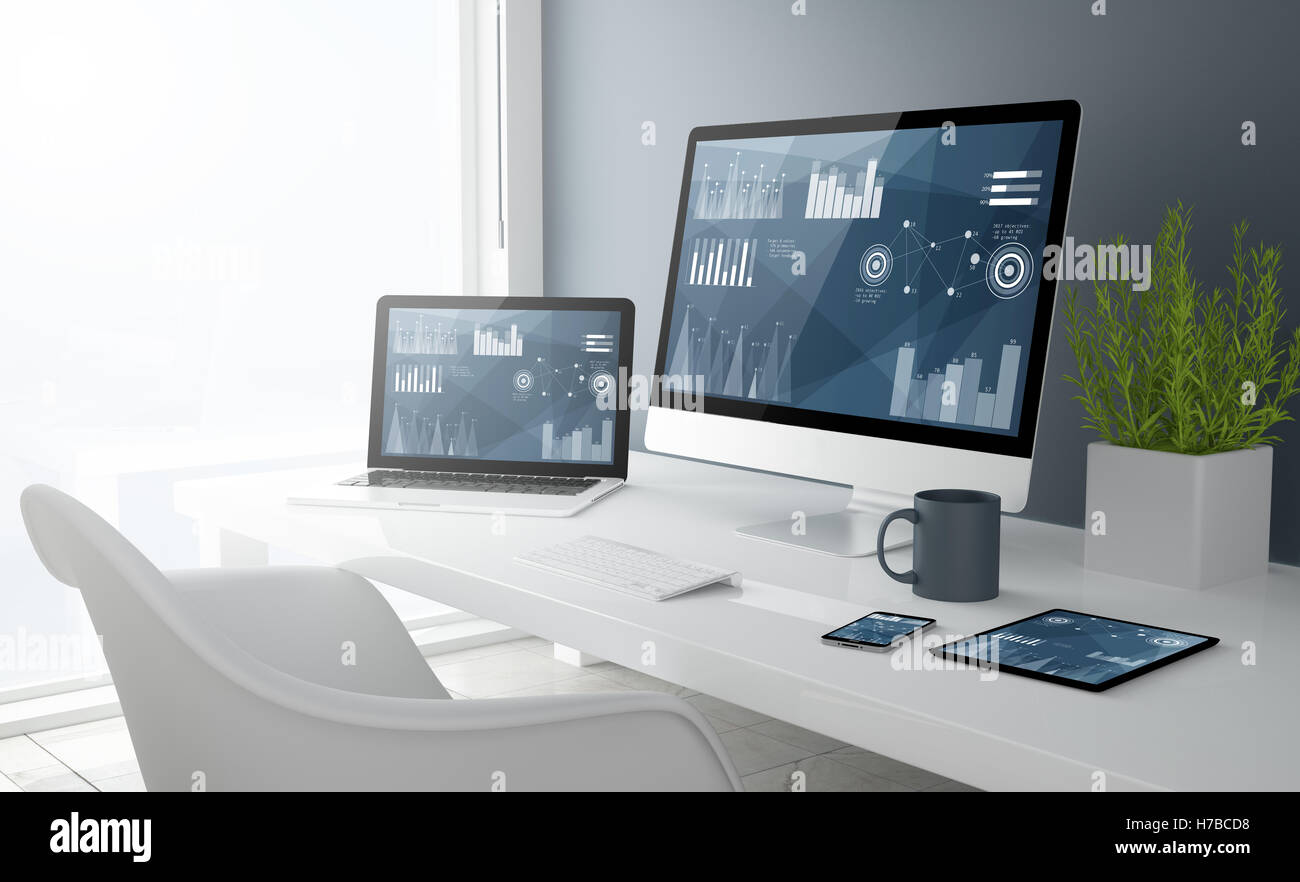 3d rendering of desktop with all devices showing finances graphics. All ...