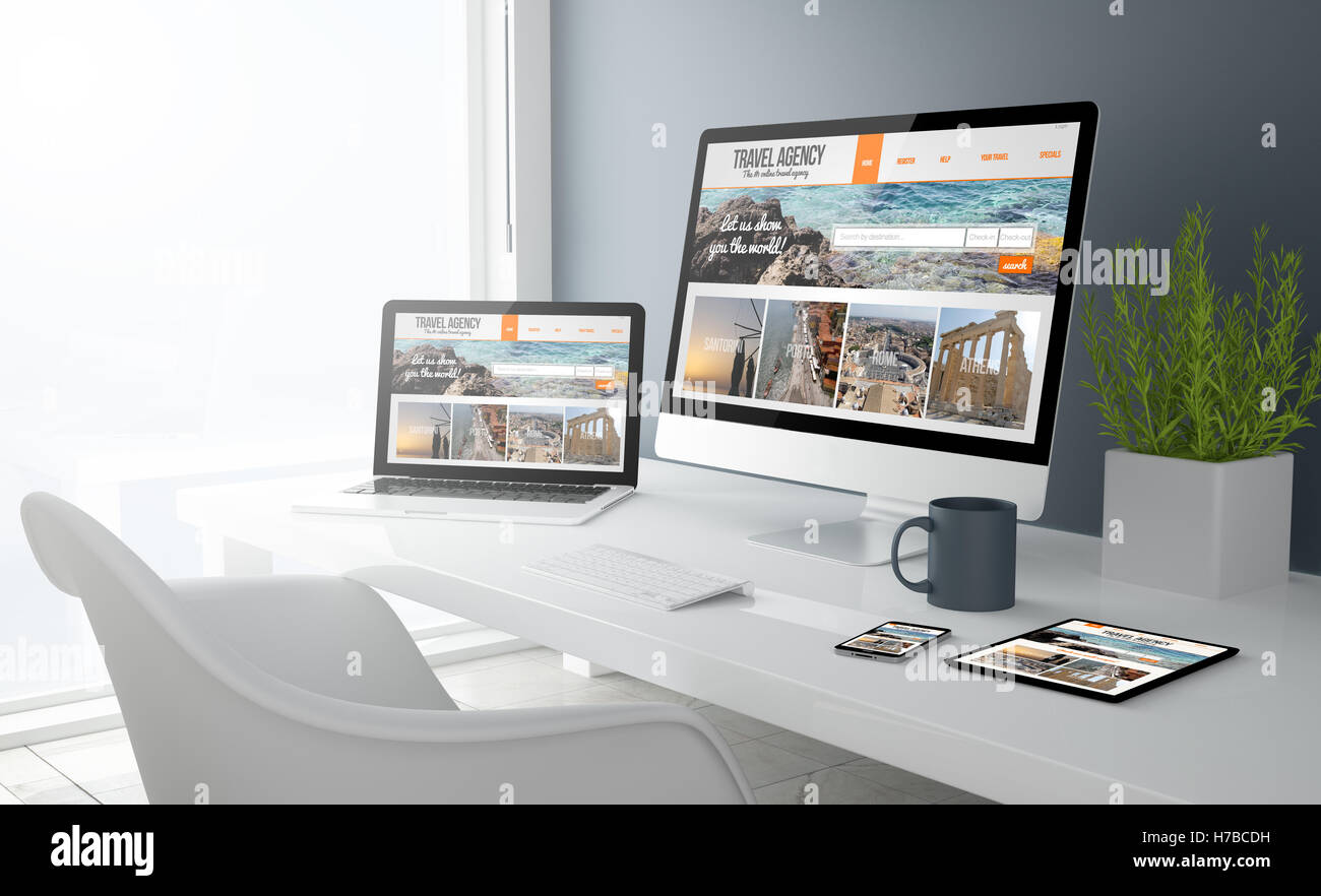 3d rendering of desktop with all devices showing traven agency website. All screen graphics are ...