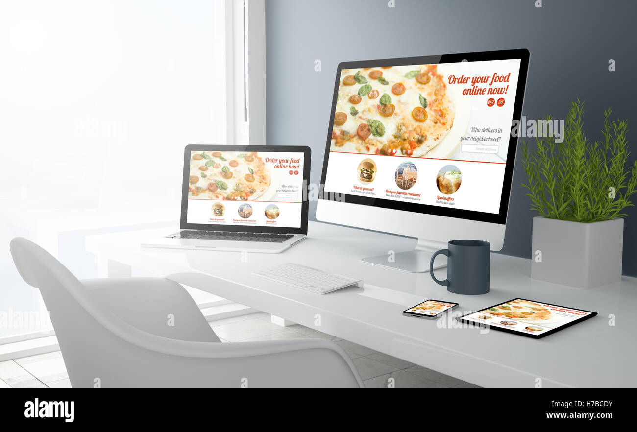 3d rendering of desktop with all devices showing modern design pizza website. All screen ...