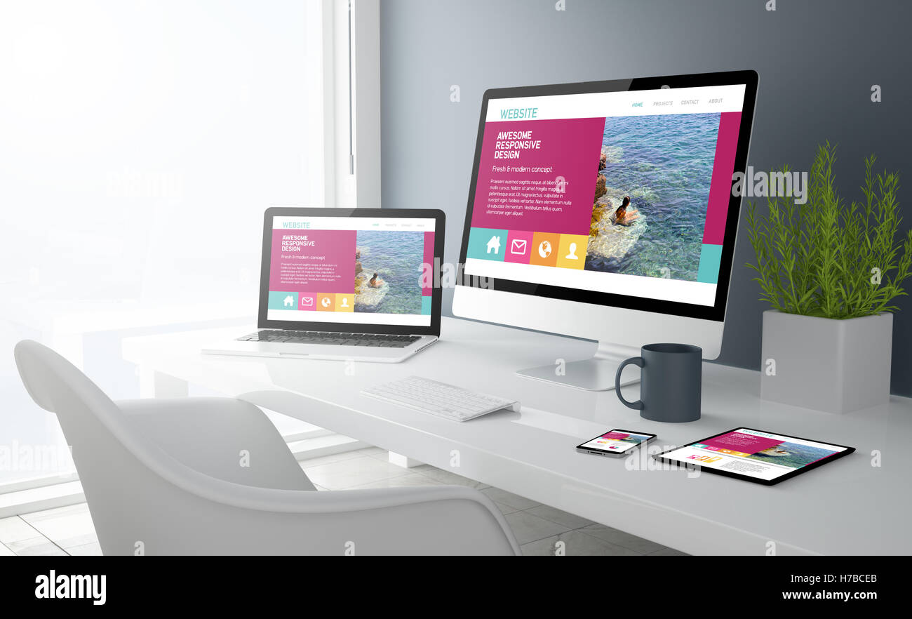 3d rendering of desktop with all devices showing modern design website ...