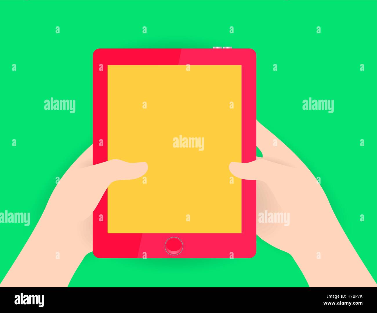 White hand holding modern red colored tablet. Vector icon web or app ...