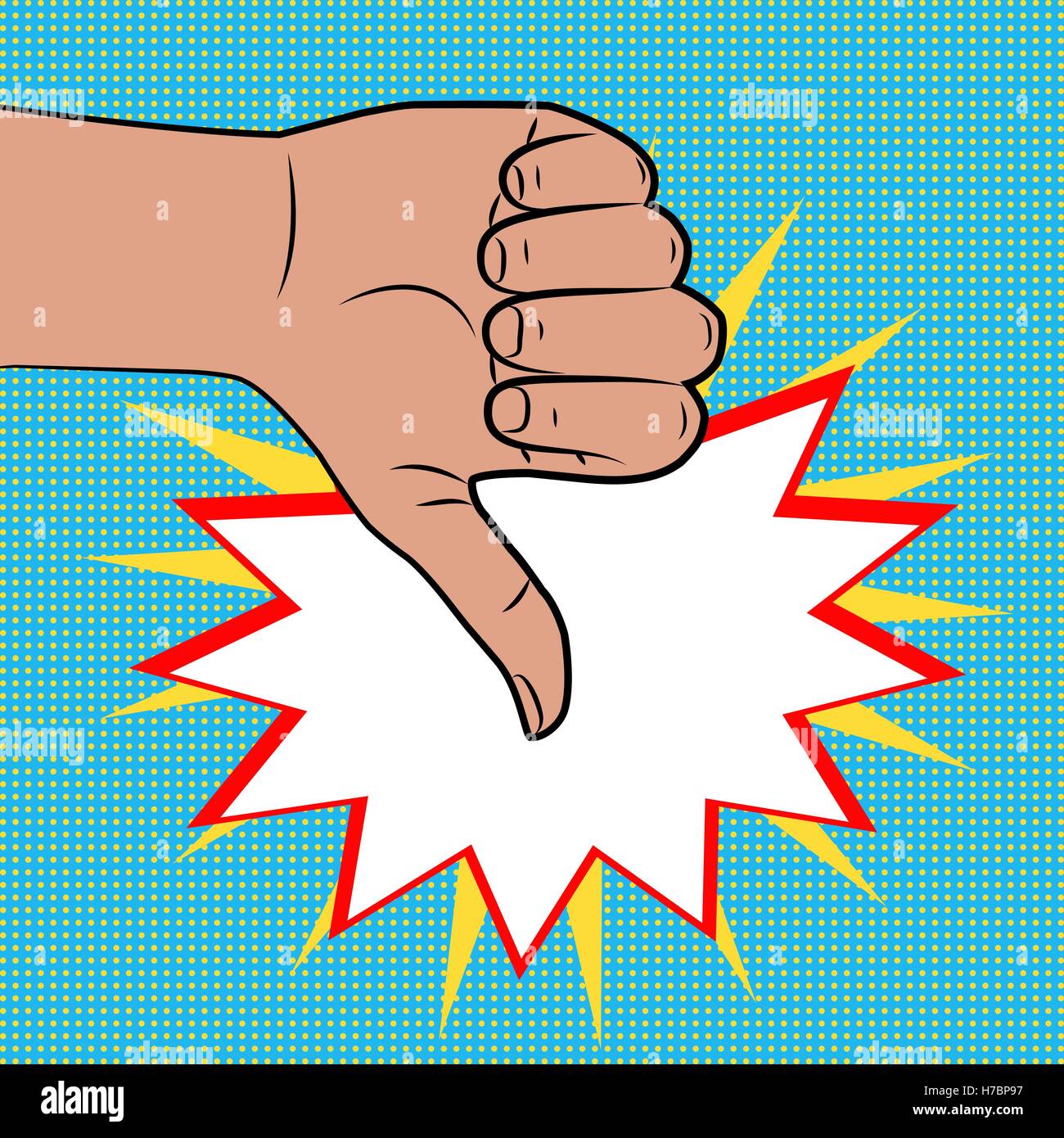 Hand sign thumbs down comic retro pop art style white round bubble ...