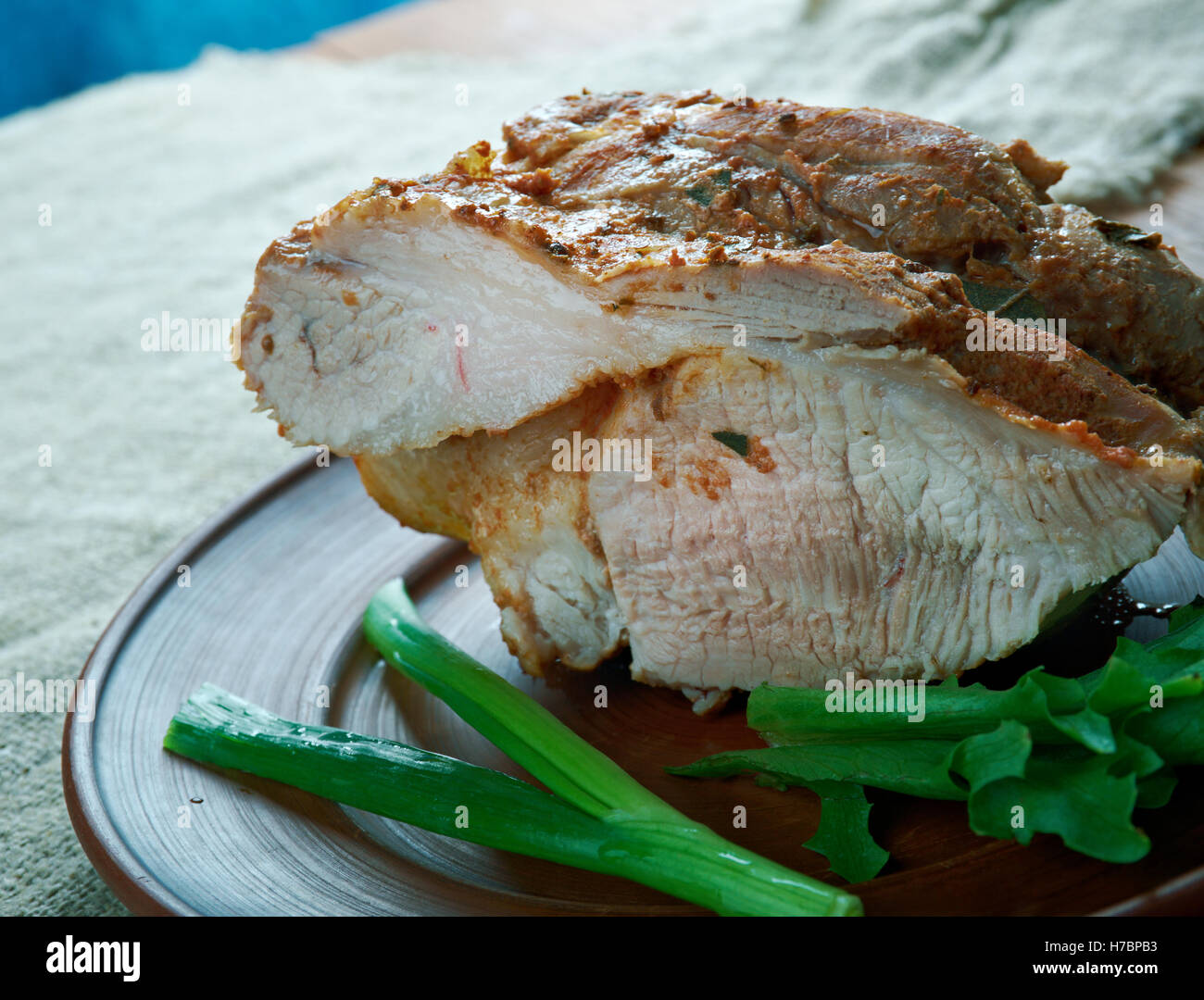 Kumpis - Lithuanian pork cooked ham.the old wooden background ...