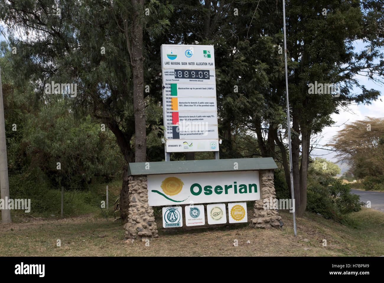 Signboard outside Oserian flower farm showing water level in Lake ...