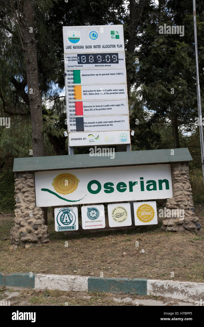 Signboard outside Oserian flower farm showing water level in Lake ...