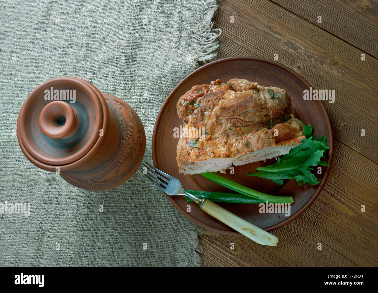 Kumpis - Lithuanian pork cooked ham.the old wooden background ...