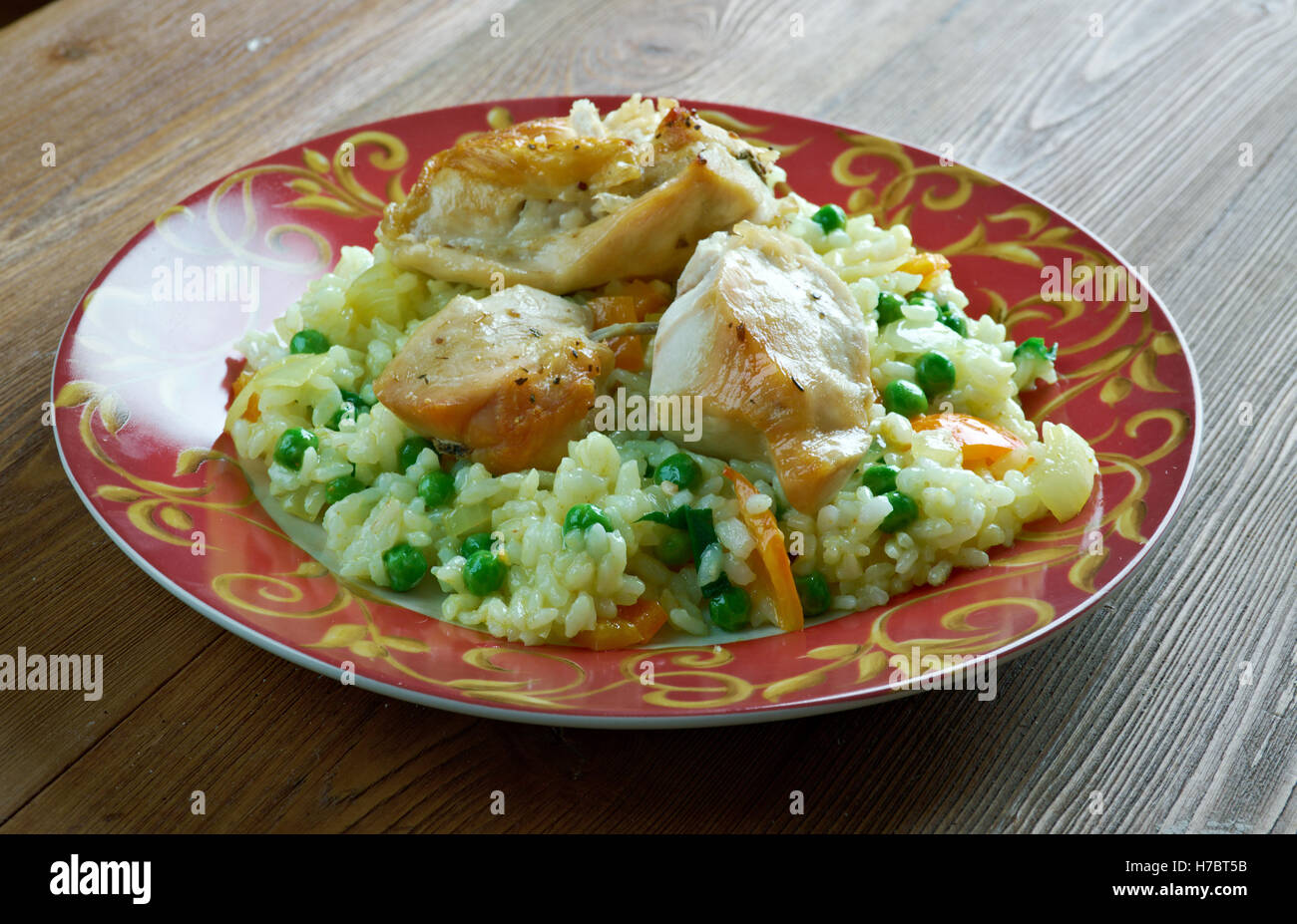 Qatami Brinjit fried chicken with rice and vegetables. Georgian cuisine ...