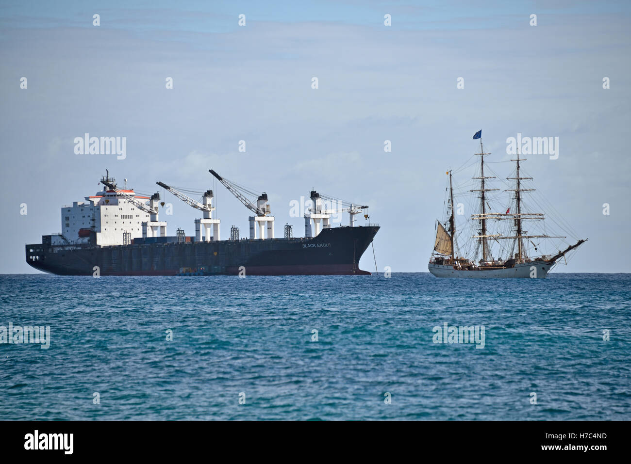 The Dutch Tall Ship "Europa" anchored close to the US Ship "Black Eagle ...