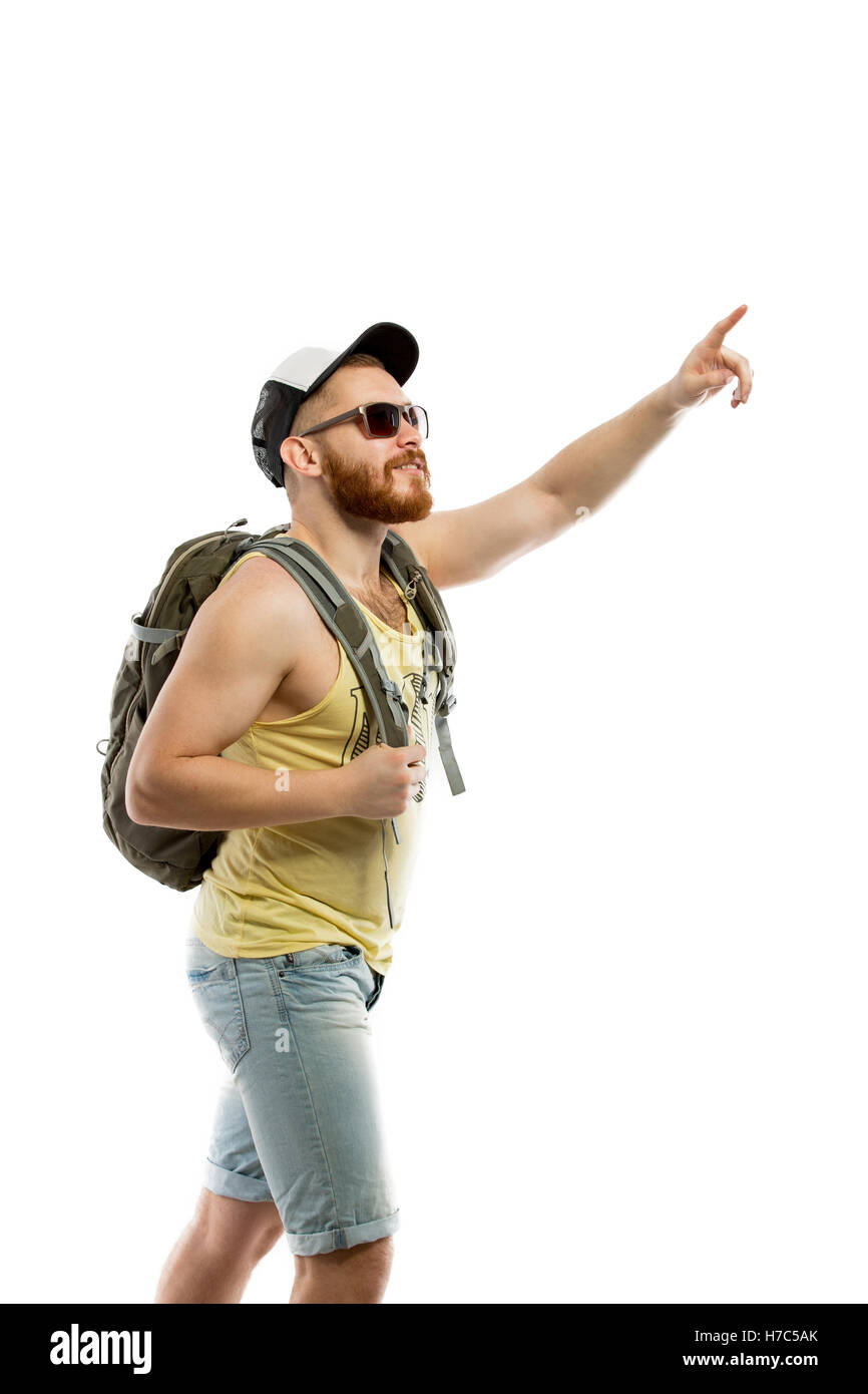 Side view of bearded traveler in sunglasses with backpack Stock Photo ...
