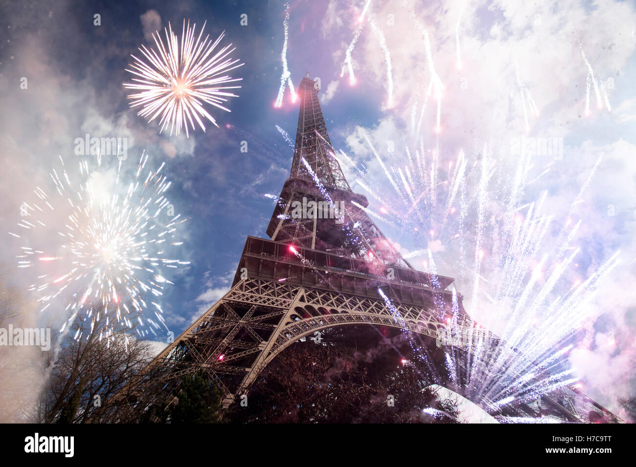 Abstract background of Eiffel tower with fireworks, Paris, France - New ...