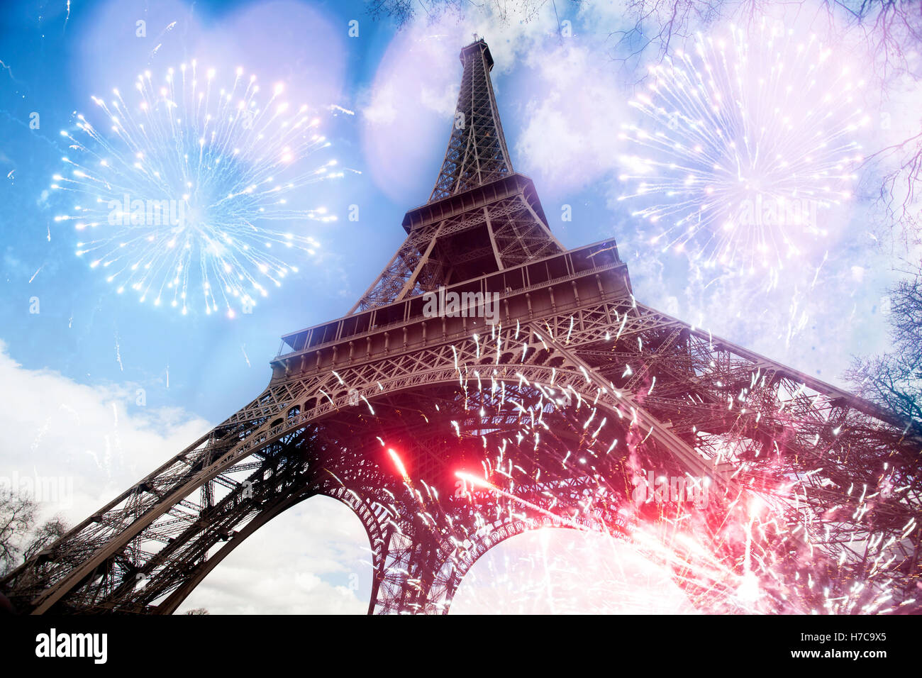 Abstract background of Eiffel tower with fireworks, Paris, France - New ...