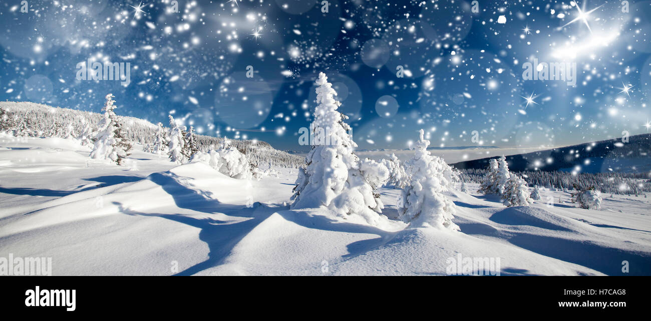 Snowfall in the mountains - Christmas forest background Stock Photo - Alamy