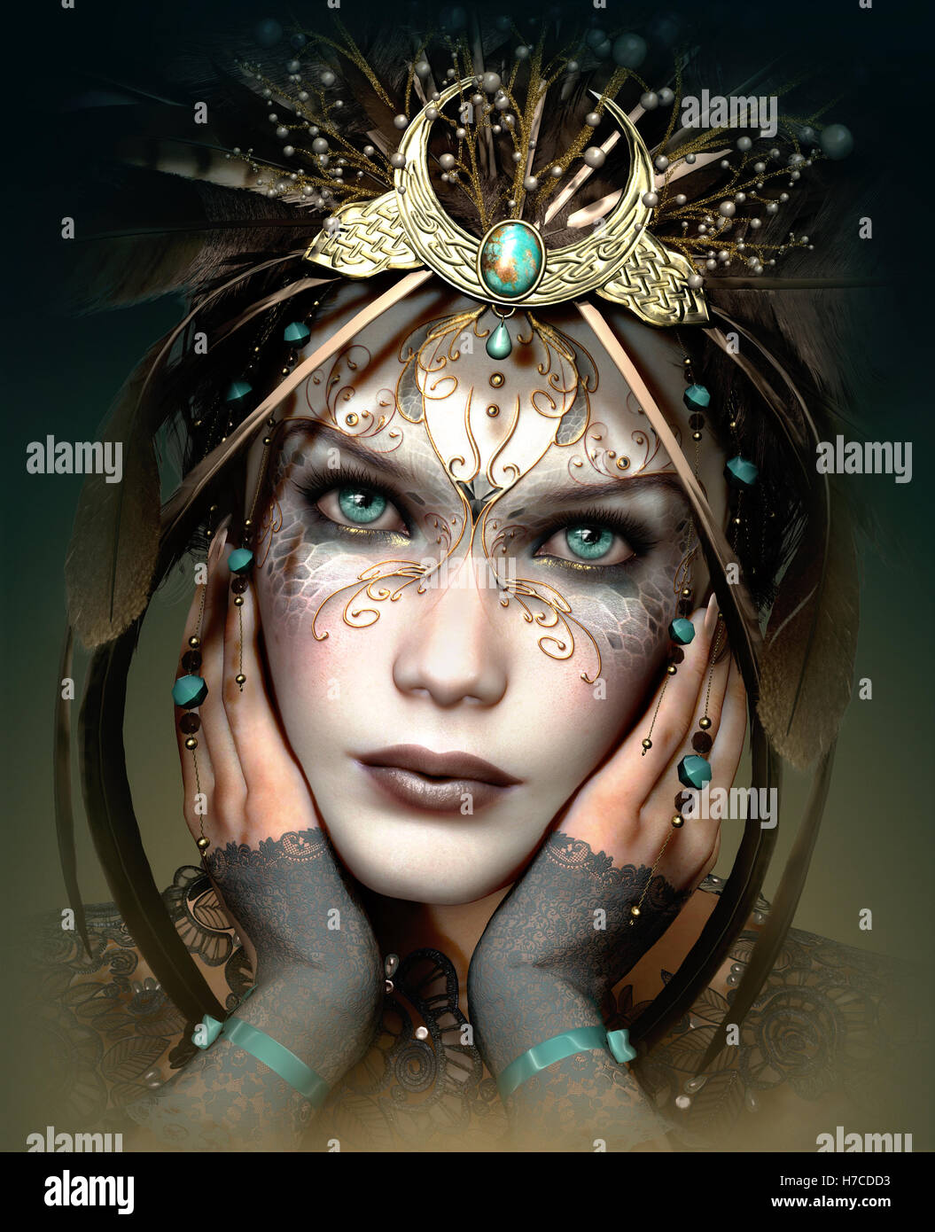 3d computer graphics of a portrait of a girl with headgear and makeup ...